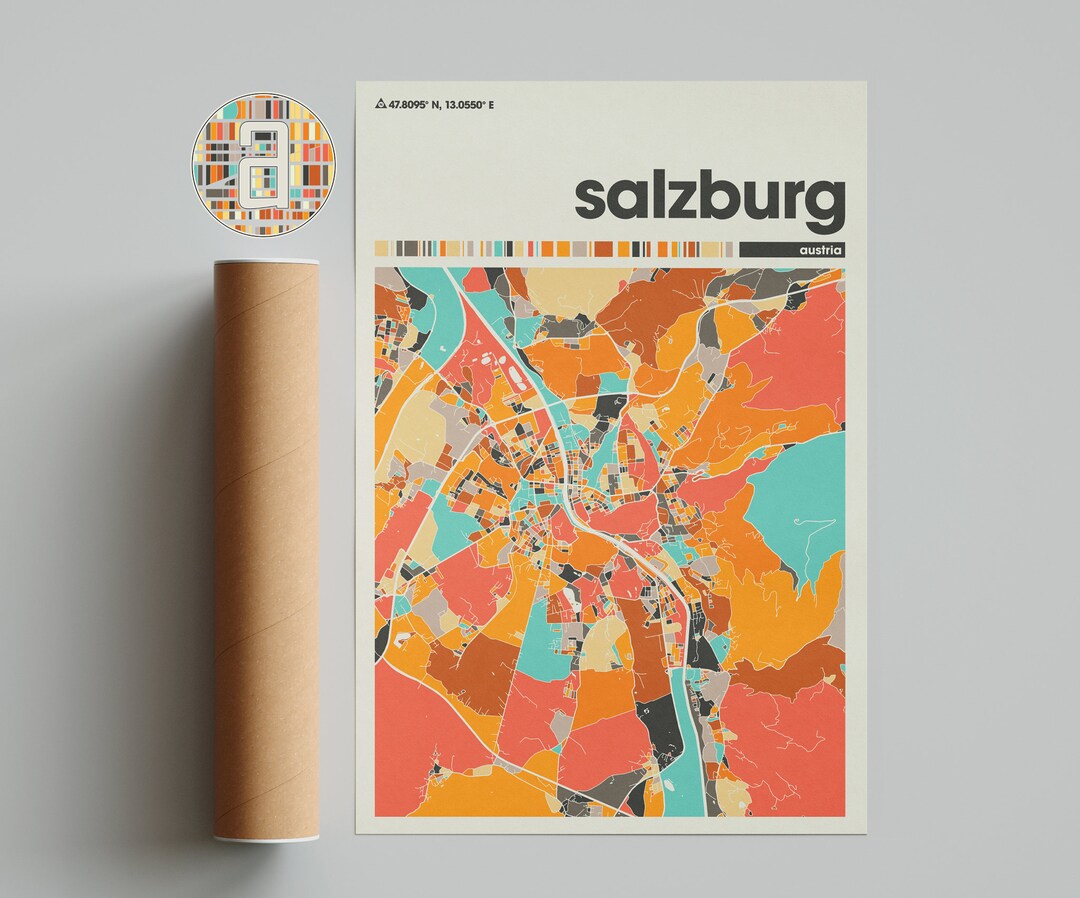 Salzburg, Colorful Map, City of Salzburg Map, Salzburg Minimalist Map ...