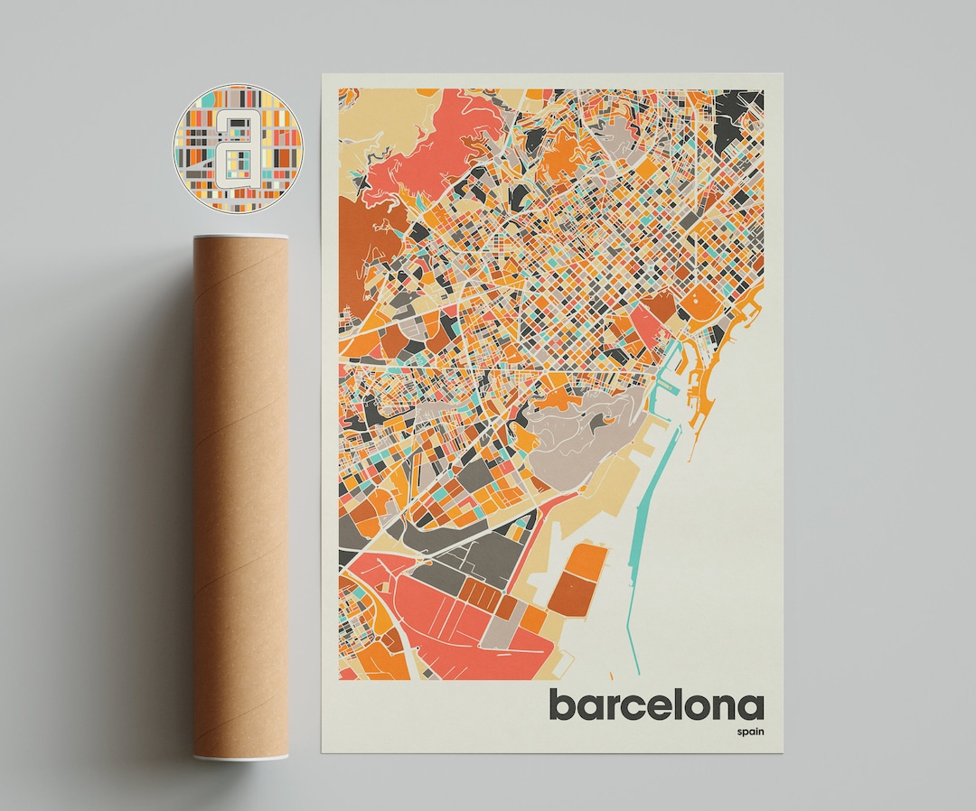 Barcelona Colorful Map, City of Barcelona Map, Barcelona Minimalist Map ...