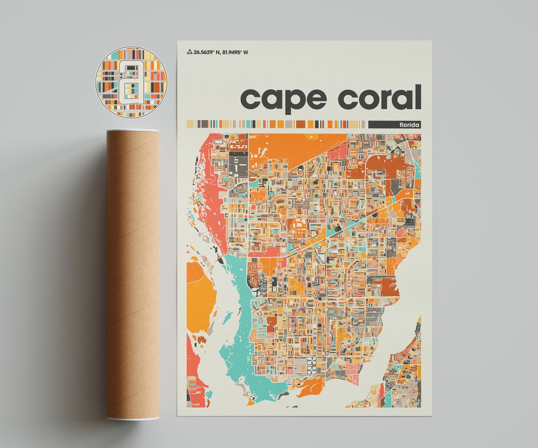 Cape Coral, Colorful Map, City of Cape Coral Map, Cape Coral Minimalist ...