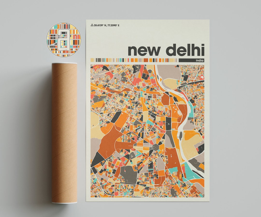 New Delhi Colorful Map, City of New Delhi Map, New Delhi Minimalist Map ...