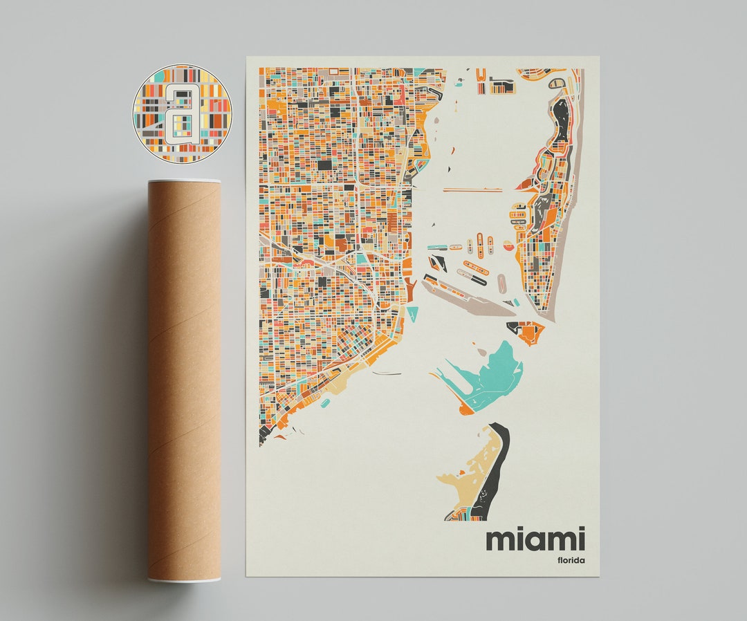 Miami Colorful Map, City of Miami Map, Miami Minimalist Map, Miami ...