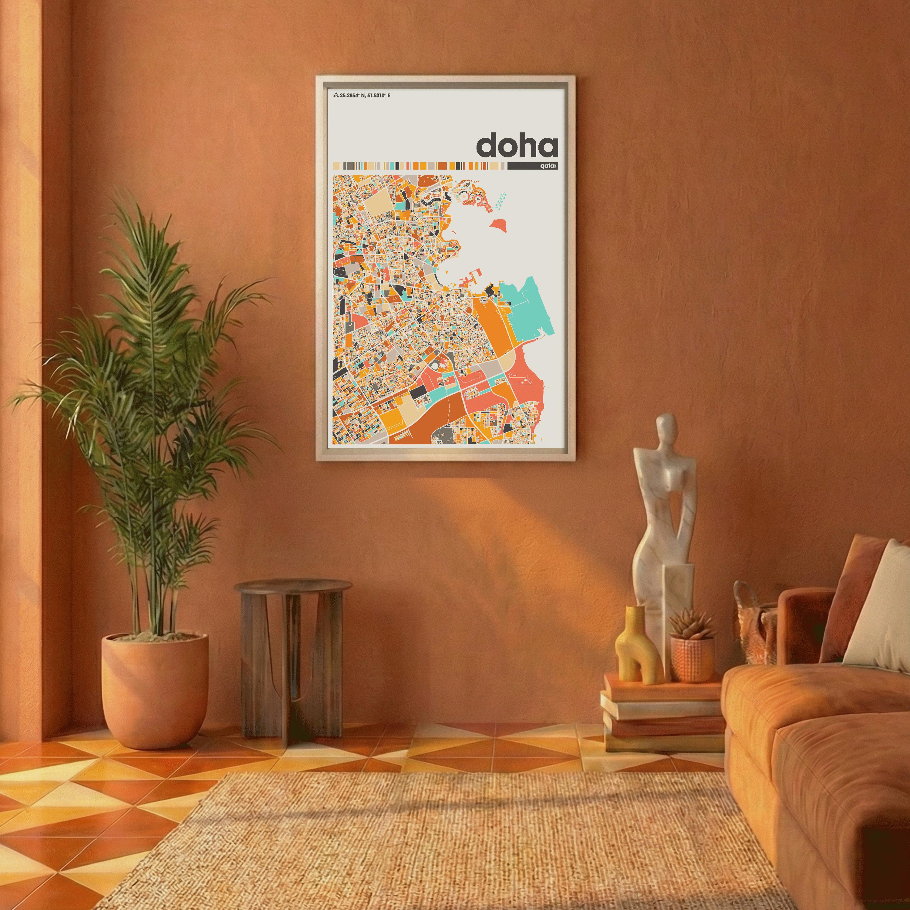 Doha Qatar Colorful City Wall Art Print, Modern Middle East Skyline ...