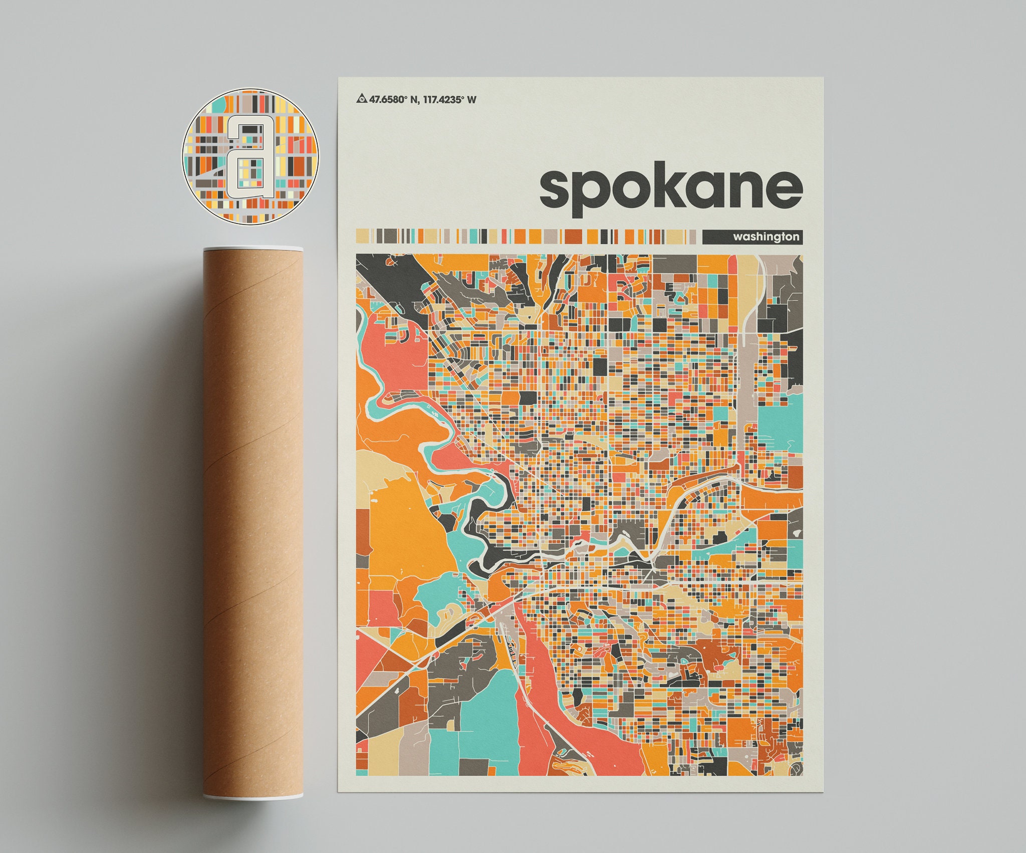 Spokane, Colorful Map, City of Spokane Map, Spokane Minimalist Map ...