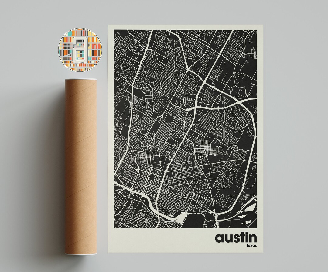 Austin Black Map Print - Minimalist City Map of Austin Texas, Modern ...