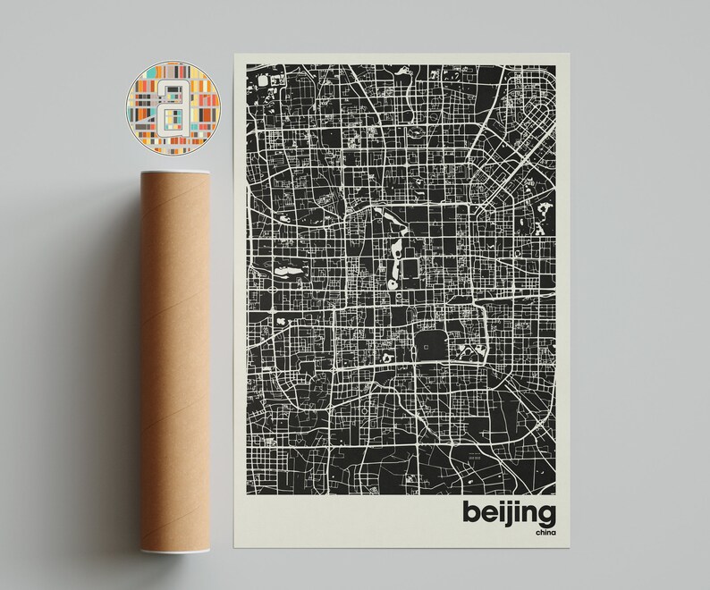 Impresión en blanco y negro del mapa de Pekín, póster de arte urbano ...
