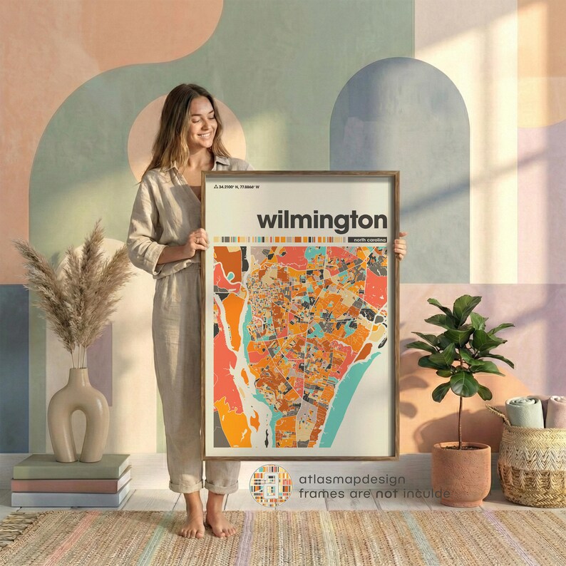 Wilmington NC Colorful City Map Poster, Cape Fear Coast Print Living ...