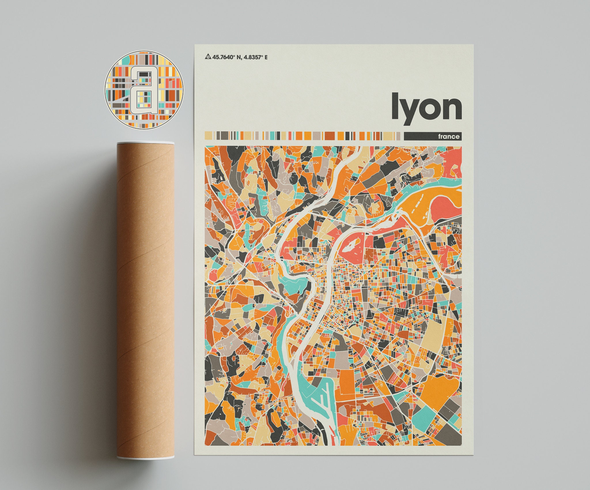 Lyon, Colorful Map, City of Lyon Map, Lyon Minimalist Map, Lyon Print ...