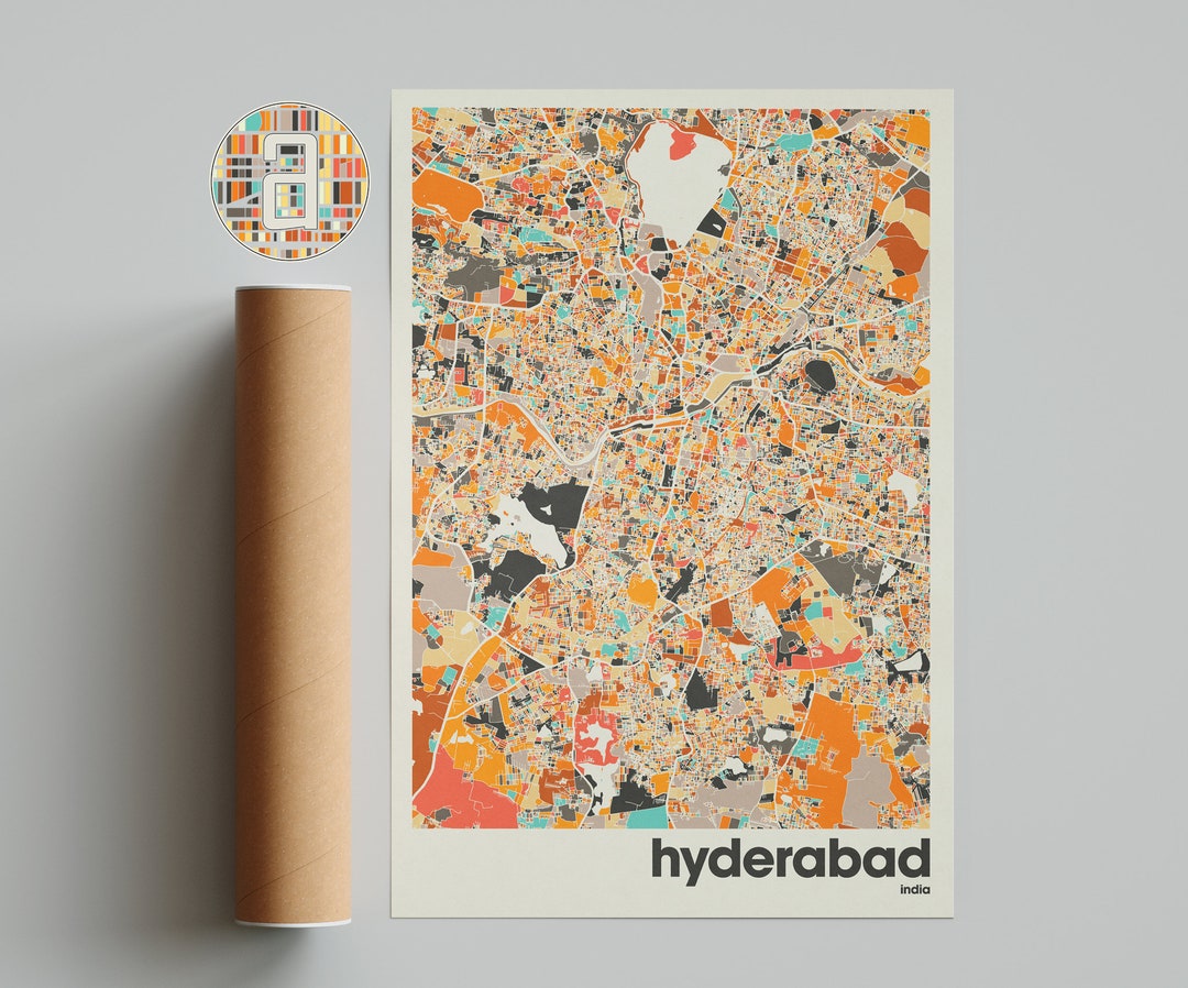 Hyderabad, Map Print, Colorful Map, Minimalist Hyderabad Print, India ...