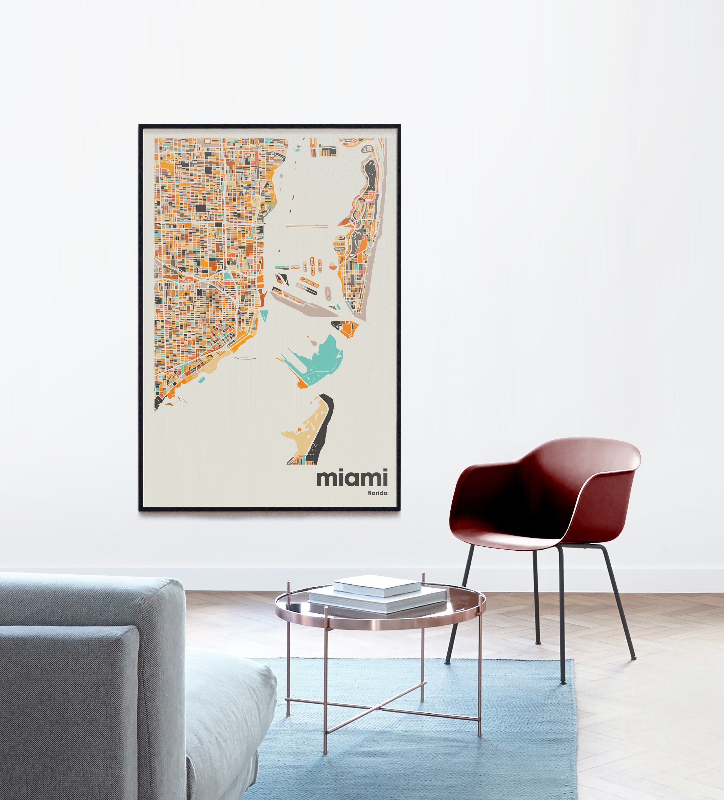 Mapa colorido de Miami, Mapa de la ciudad de Miami, Mapa minimalista de ...