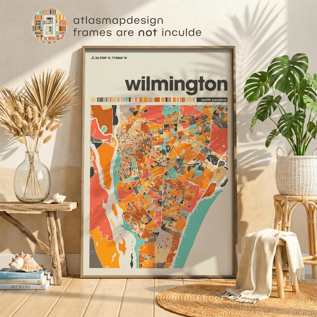 Wilmington NC Colorful City Map Poster, Cape Fear Coast Print Living ...