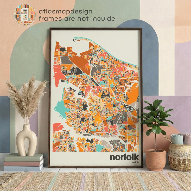 Norfolk Virginia Colorful City Map Print, Office Home Decor Beige ...