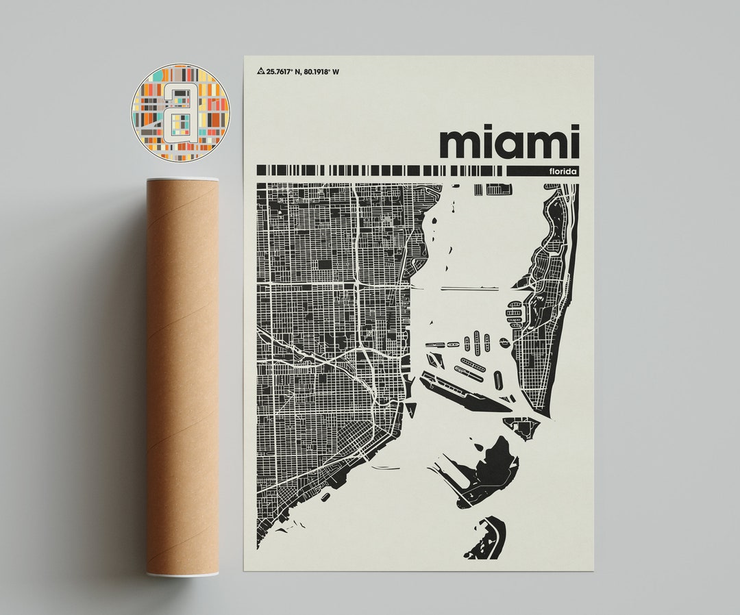 Miami Map Print, Colorful Map, Minimalist Miami Print, Florida City Map, Office Decor, Beige ...