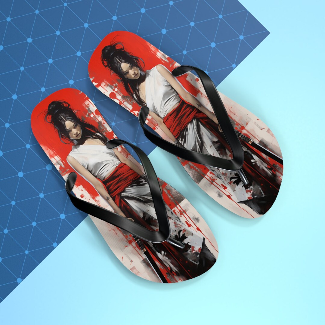 Japanese-inspired Art Flip Flops, Woman With Sword Graphic Street Art ...