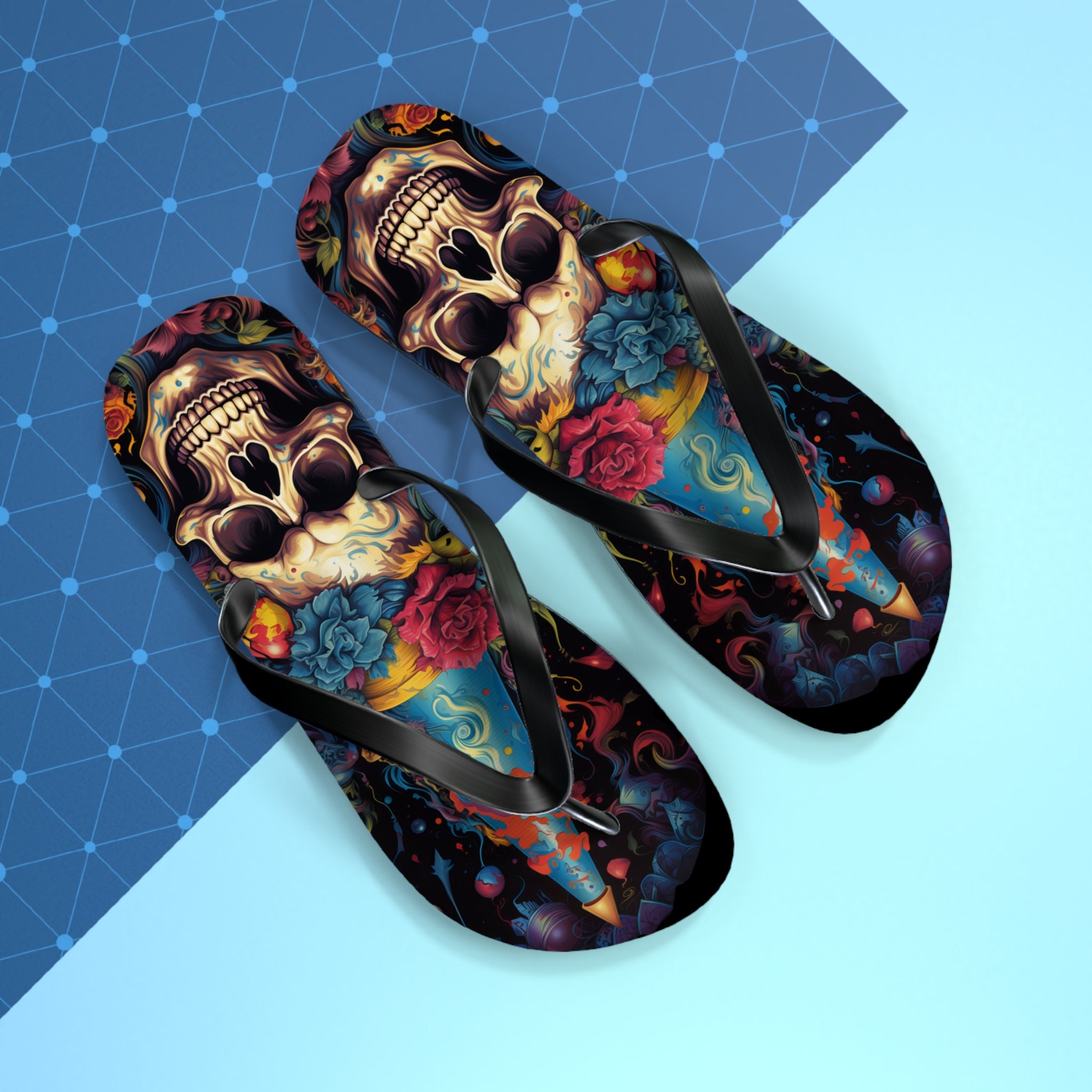Creepy Cool Party Skull Flip Flops, Skull Gift, Ironic Goth, Colorful ...