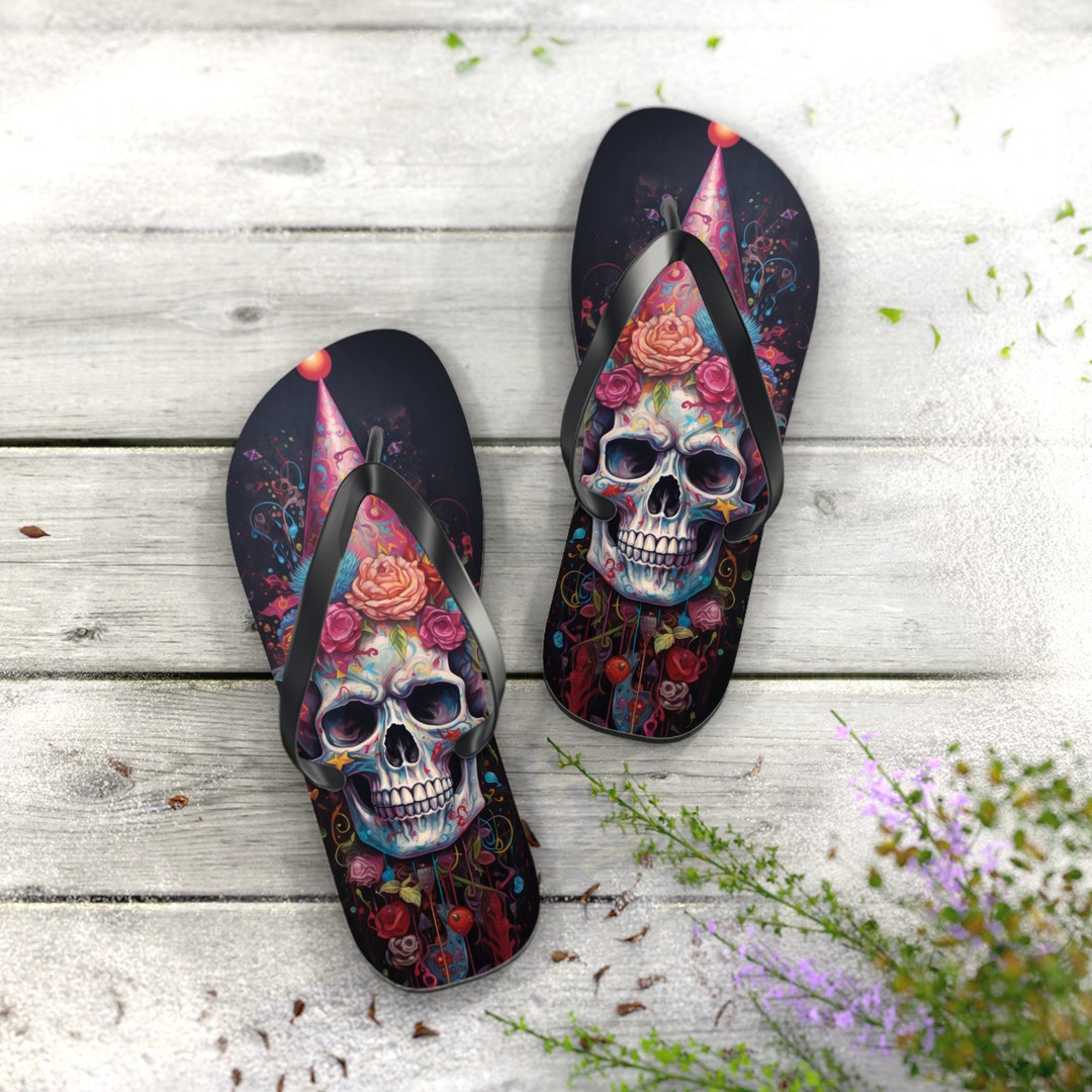 Creepy Cool Party Skull Flip Flops, Skull Gift, Ironic Goth, Colorful ...
