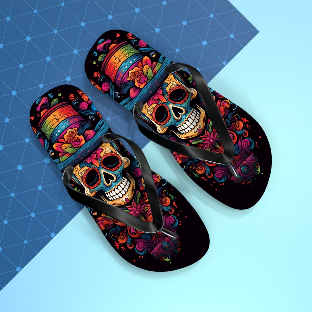 Creepy Cool Cinco De Mayo Skull Flip Flops, Skull Gift, Ironic Goth ...