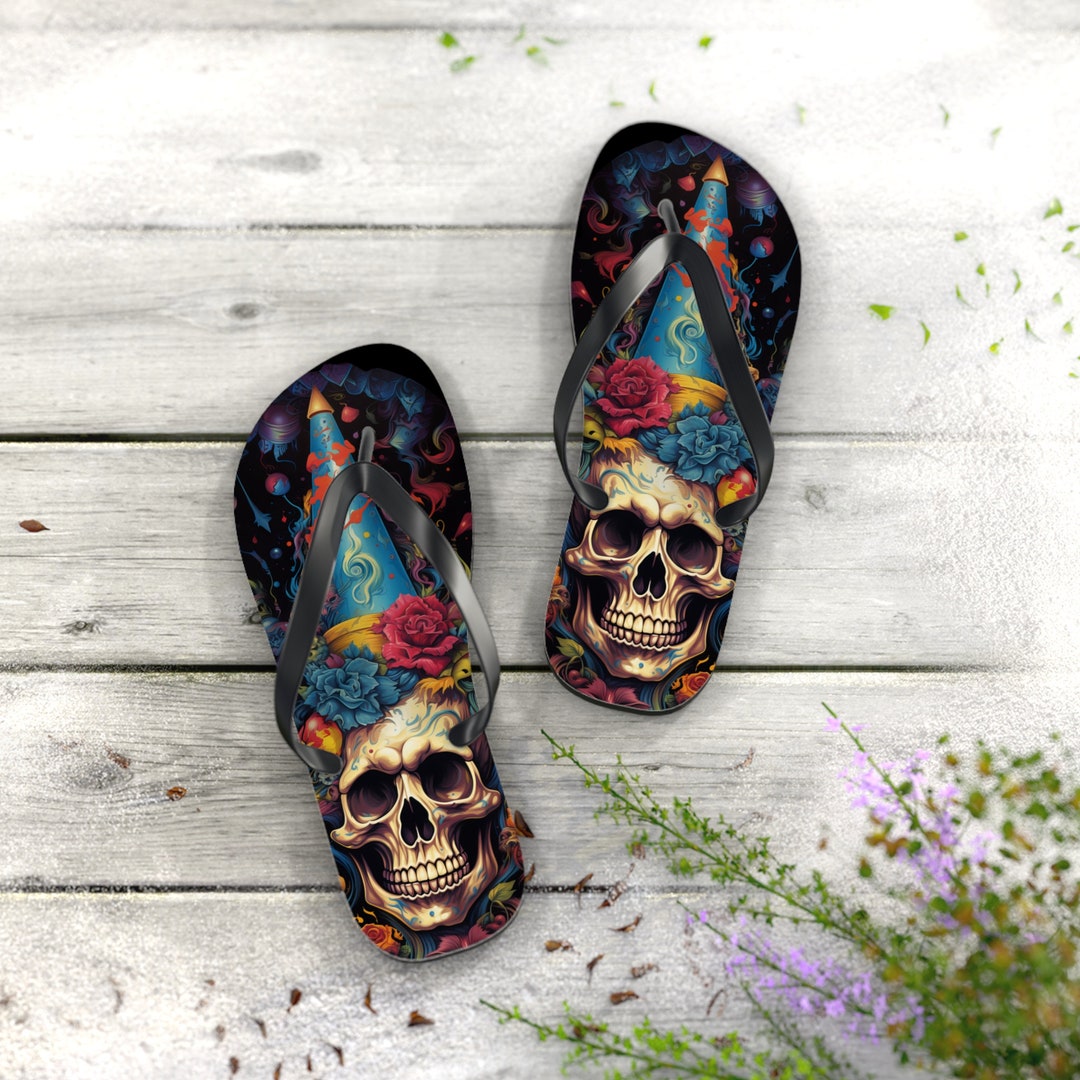 Creepy Cool Party Skull Flip Flops, Skull Gift, Ironic Goth, Colorful ...