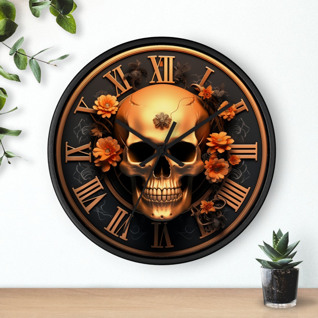 Skull and Flowers Wall Clock, Unique Timepiece, Gothic Wall Clock ...