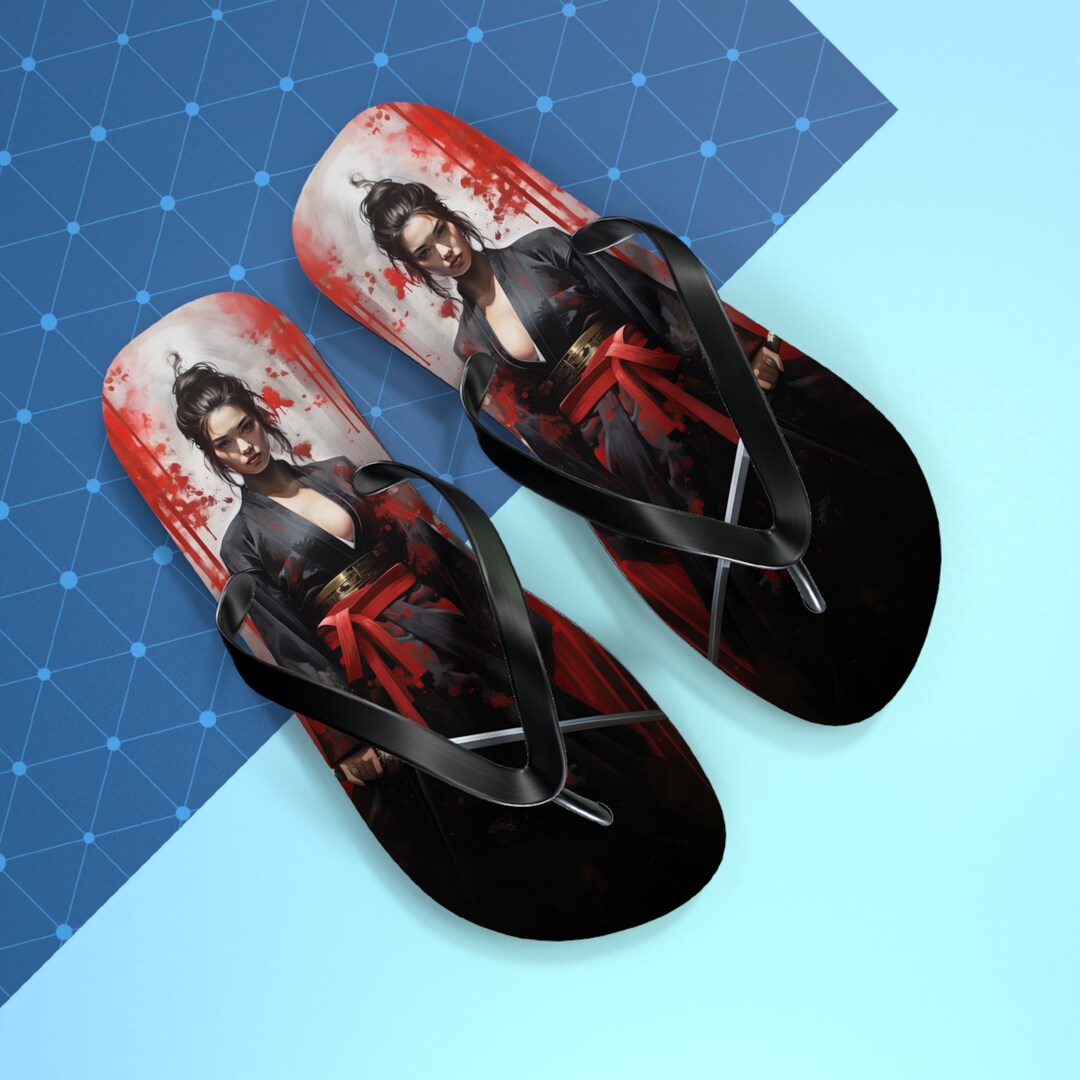 Japanese-inspired Art Flip Flops, Woman With Sword Graphic Street Art ...