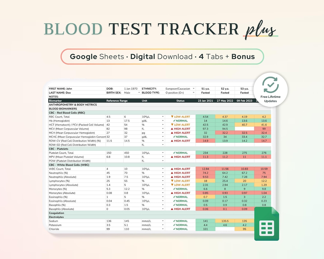 Google Sheets Blood Test Results Tracker | Lab Test History, Blood ...