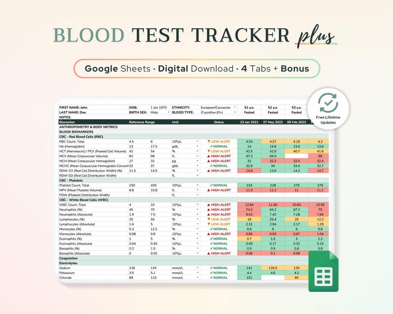 Google Sheets Blood Test Results Tracker | Lab Test History, Blood ...