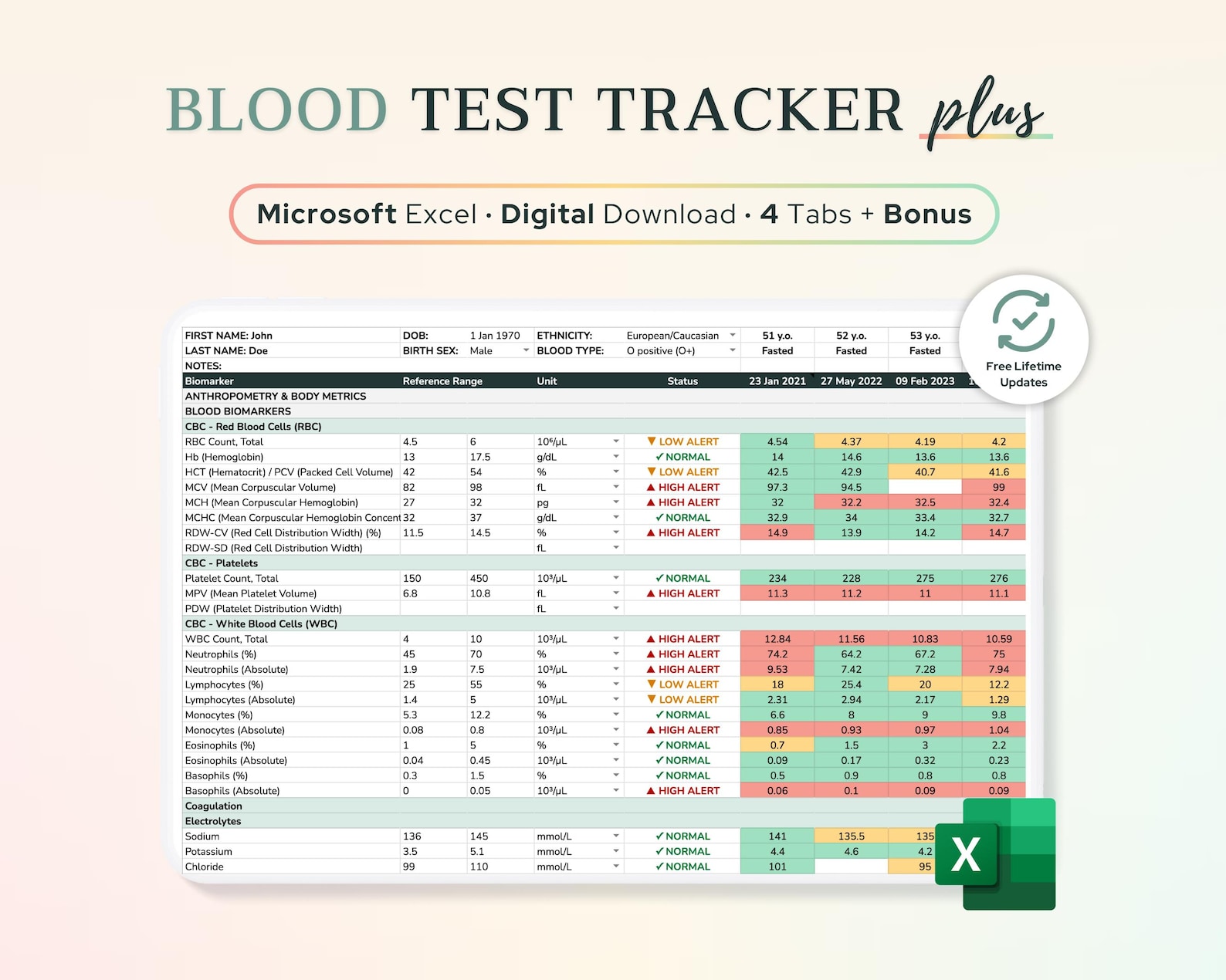 Excel Blood Test Results Tracker | Lab Test History, Blood Biomarkers ...