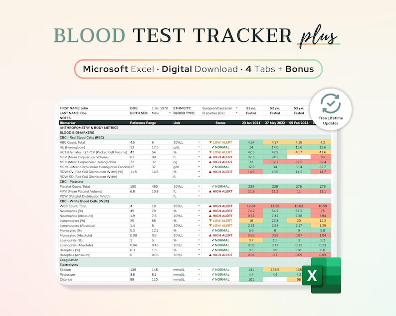 Excel Blood Test Results Tracker | Lab Test History, Blood Biomarkers ...