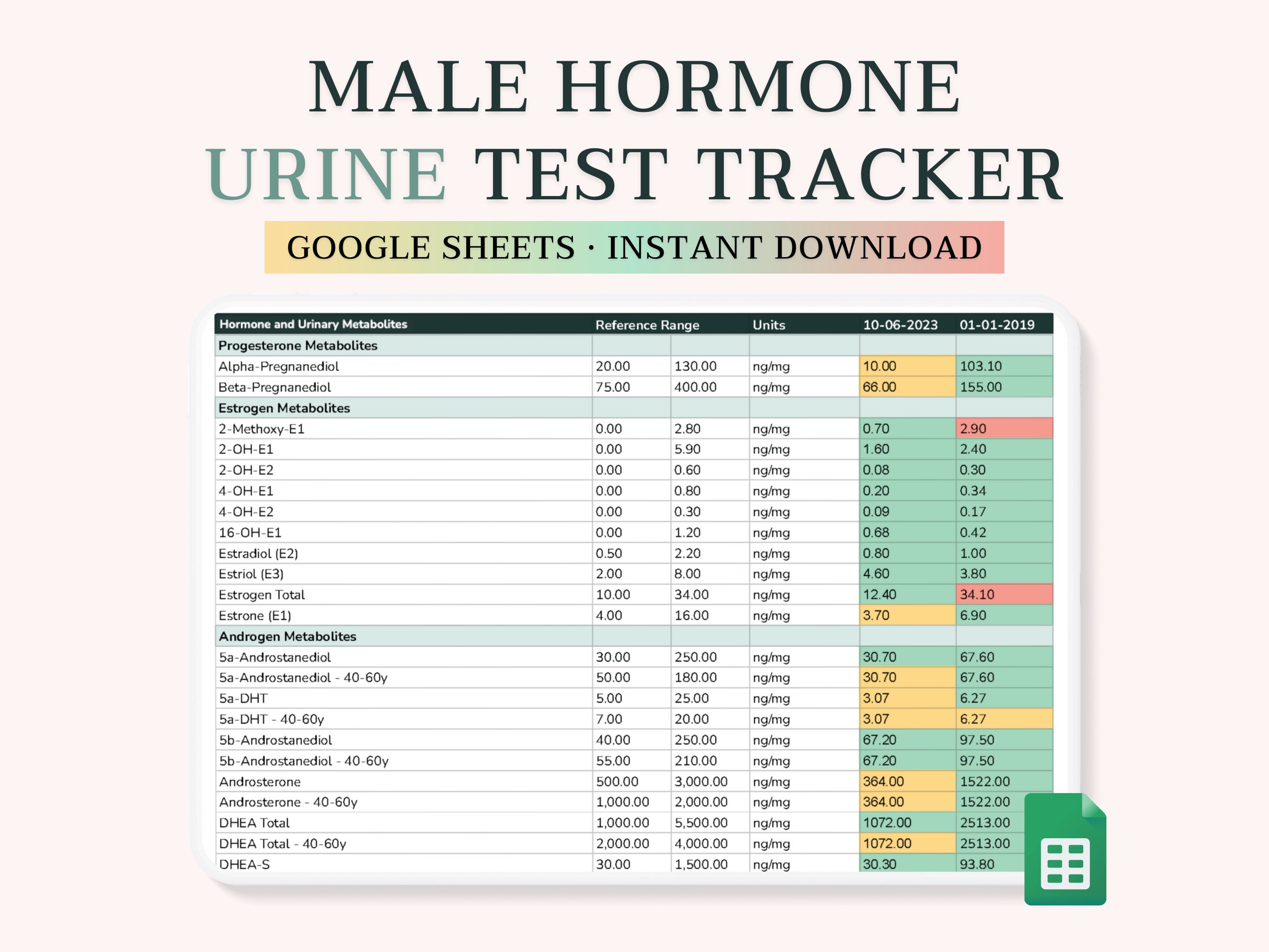 Male Hormone Urine Test Tracker With Reference Ranges for Google Sheets ...