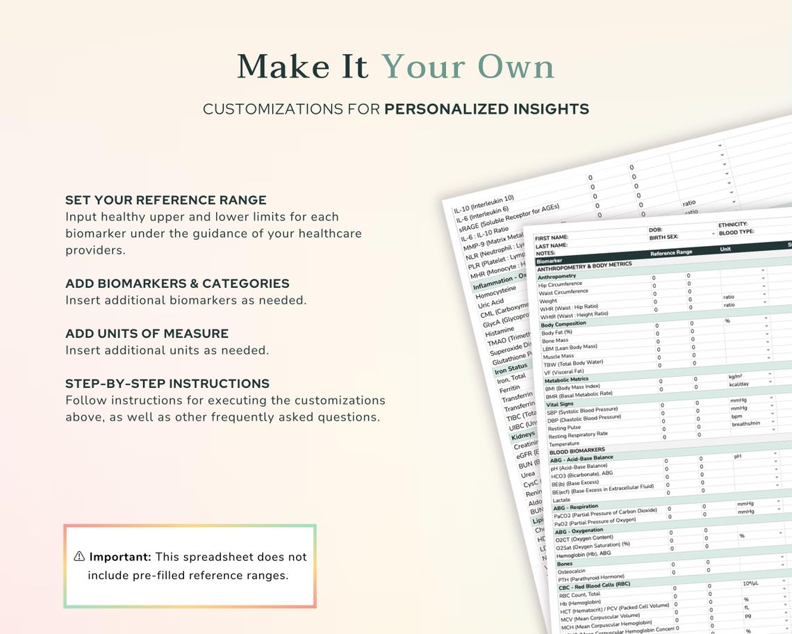 Excel Blood Test Results Tracker | Lab Test History, Blood Biomarkers ...