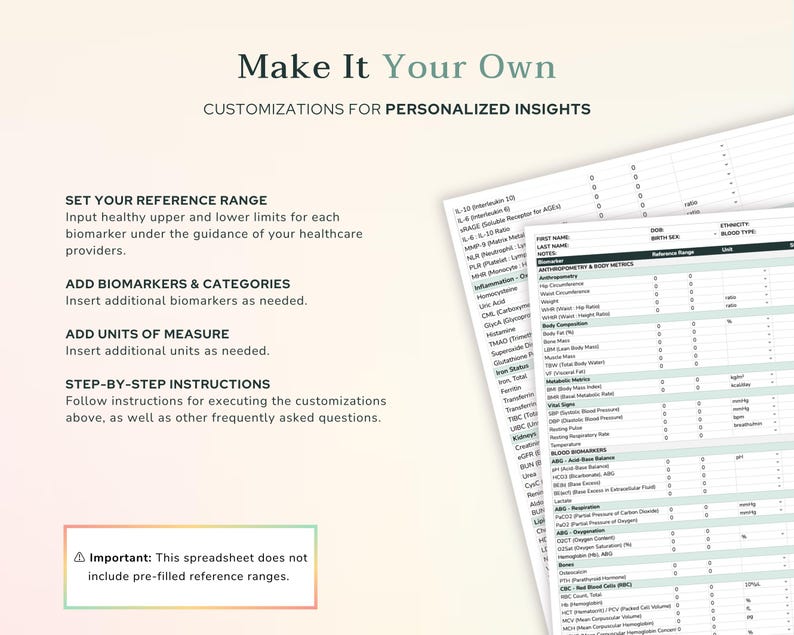 Excel Blood Test Results Tracker | Lab Test History, Blood Biomarkers ...
