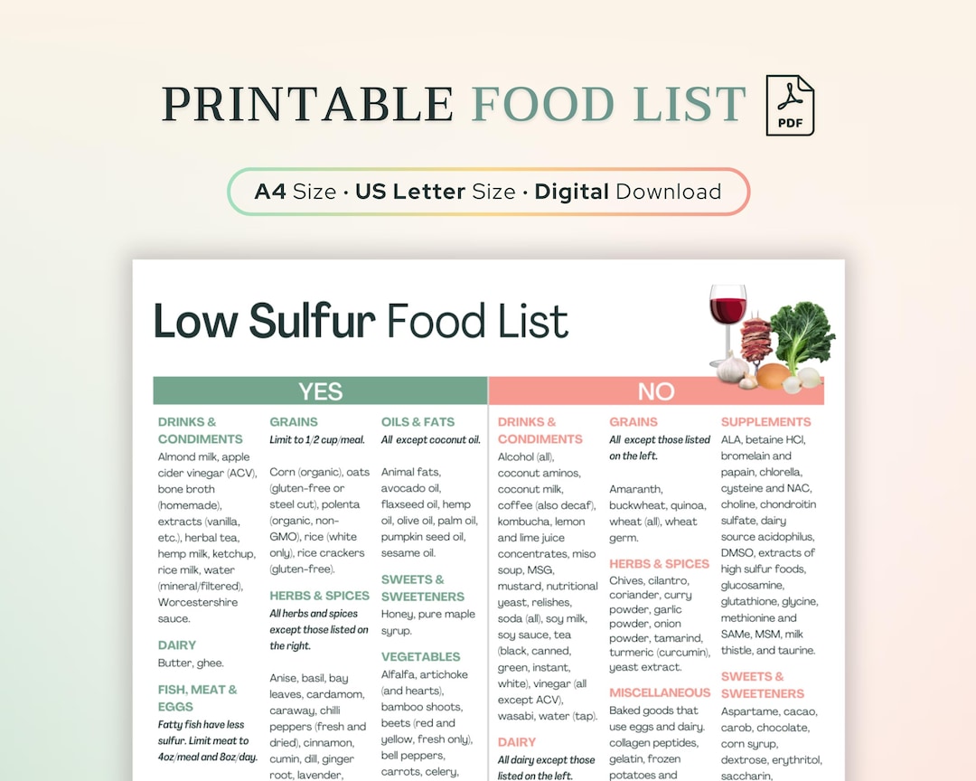 Printable Low Sulfur Food List | Sulfur Intolerance, H2S SIBO, Low ...