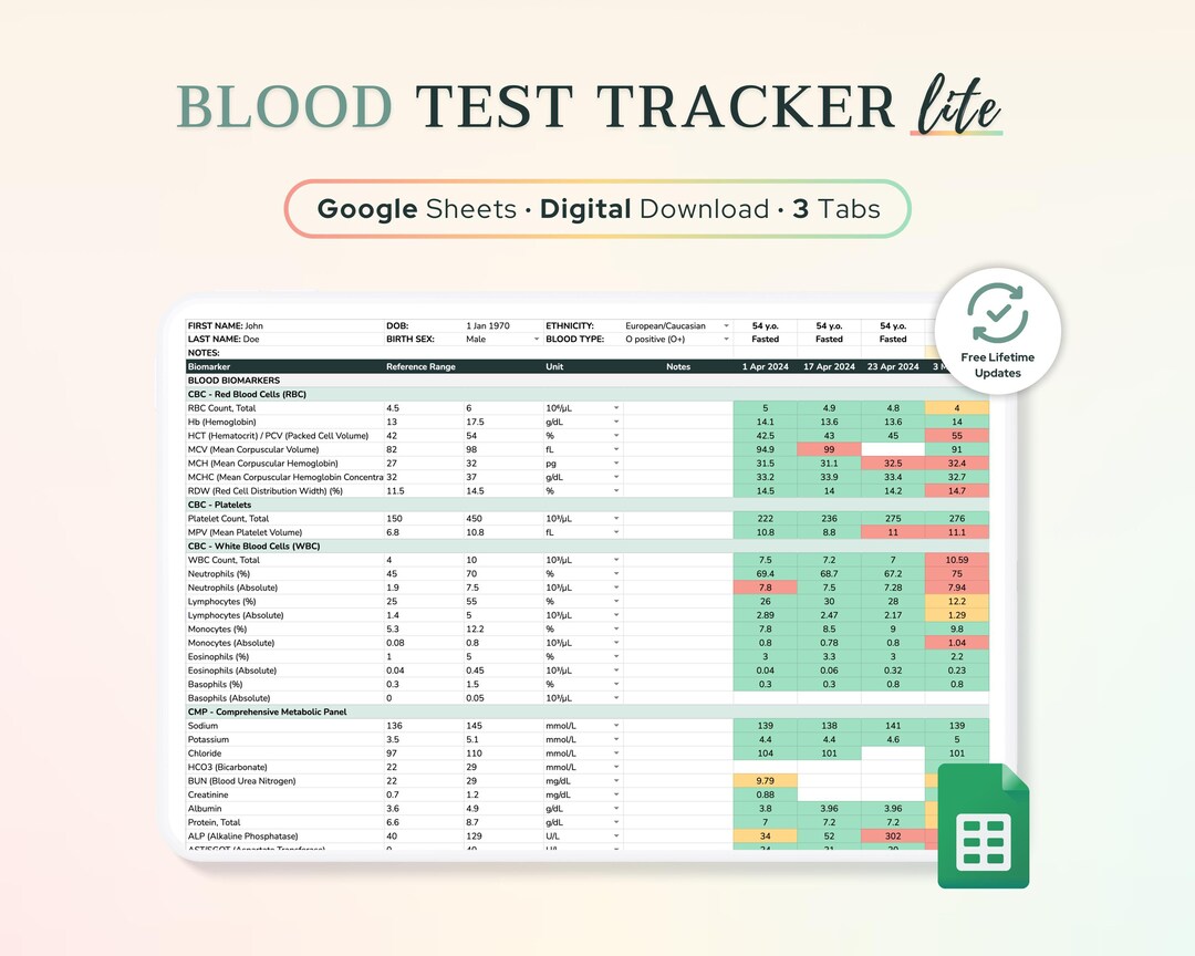 Google Sheets Blood Test Results Tracker | Monitor Essential Labs ...