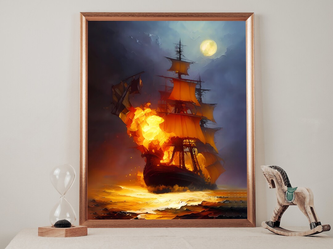 Burning Pirate Ship Wall Art, 18th Century Ship Sails, Printable Pirate ...