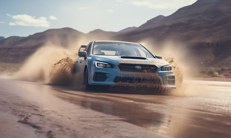 Subaru WRX STI Rally Car Driving Through Mud and Water, Desert ...