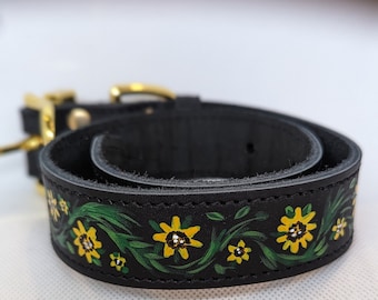 Leather Hand Painted Floral Flowers Dog Collar Design Size X Small ...
