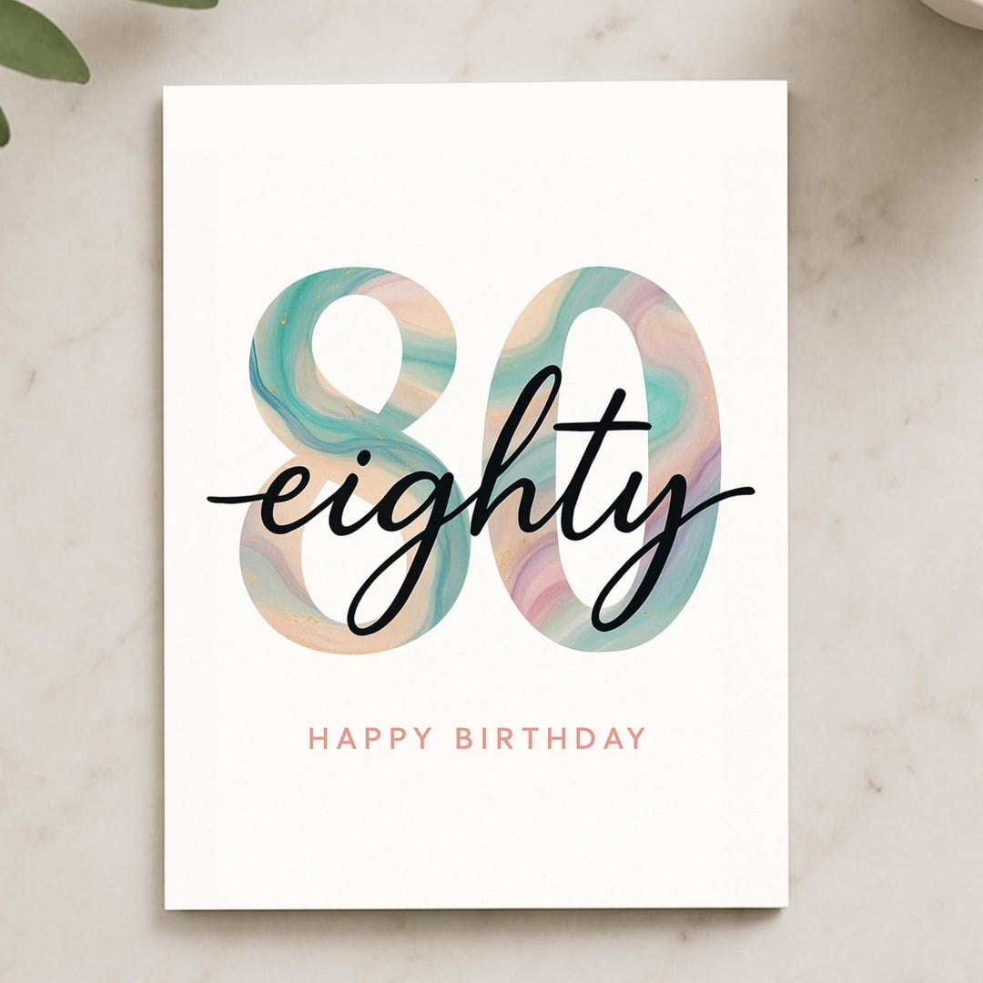 80th Birthday Card Watercolour Eighty Script Happy Birthday Design for ...