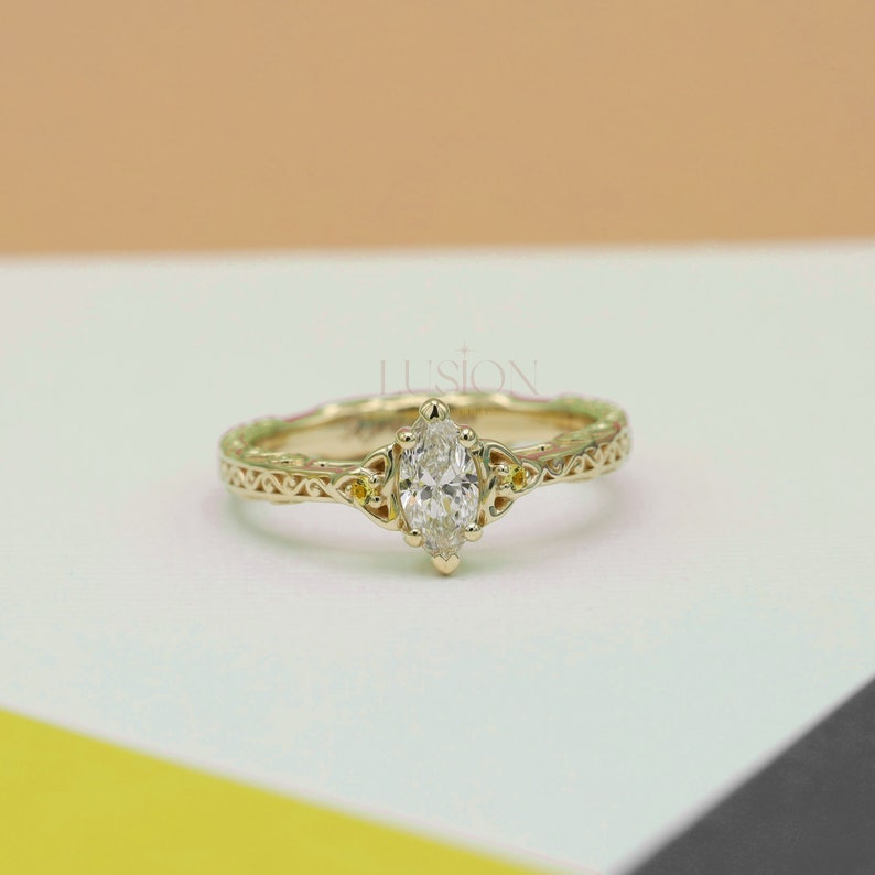 Marquise Cut Lab Grown Diamond Engagement Ring Unique Filigree Band ...