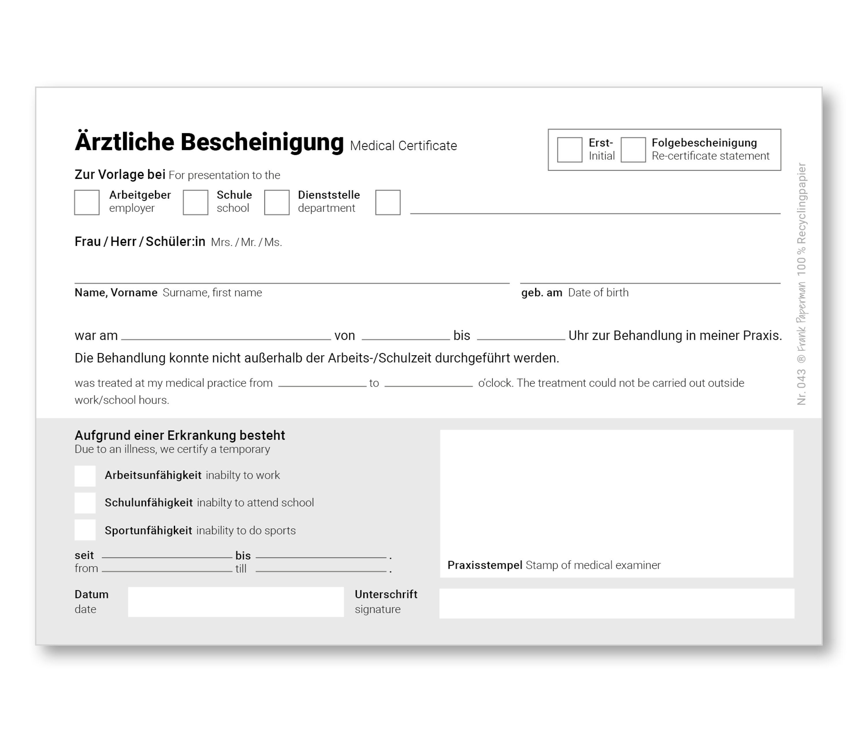 Frank Paperman | Medical Certificate | Pad of 50 Sheets | Treatment ...