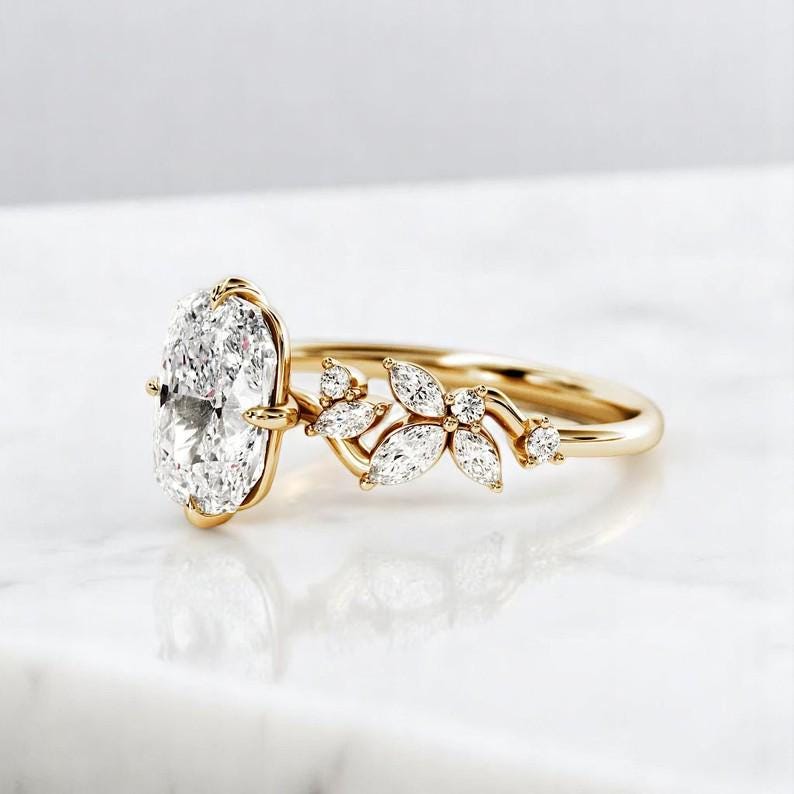 Cushion Cut Lab Grown Diamond Engagement Ring | 14k Gold Floral Wedding ...
