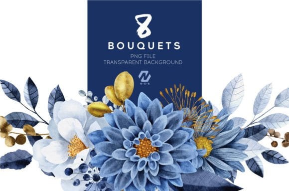 Navy Blue Flower and Gold Watercolor Bouquets, Watercolor Florals ...