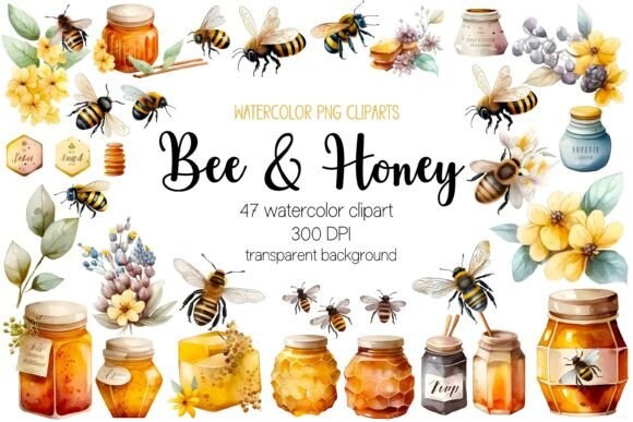 Watercolor Bee and Honey Clipart, Bees and Flowers Clipart, PNG Images ...