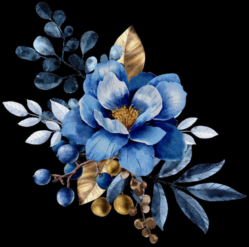 Navy Blue Flower and Gold Watercolor Bouquets Watercolor - Etsy