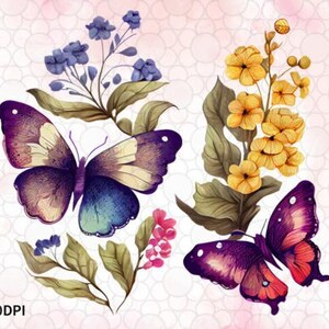 Retro Butterflies and Flowers Watercolor Clipart, Watercolor Spring ...