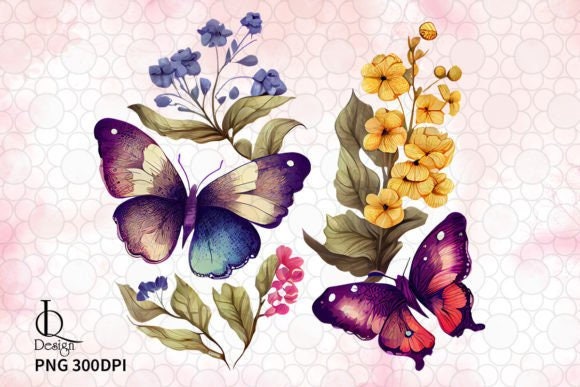 Retro Butterflies and Flowers Watercolor Clipart, Watercolor Spring ...