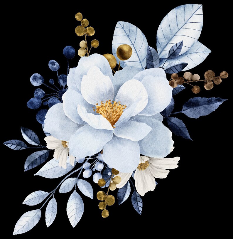 Navy Blue Flower and Gold Watercolor Bouquets Watercolor - Etsy