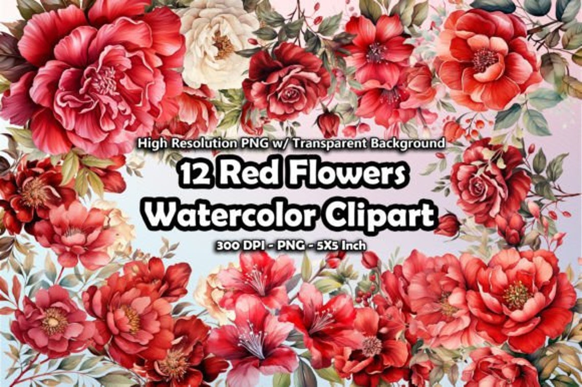 12 Red Flowers Watercolor Clipart PNG, Floral Clipart, Red Flowers PNG ...