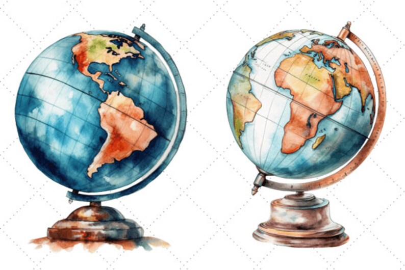 Retro Globe Watercolor Clipart, Watercolor Globes, Globe Clipart ...