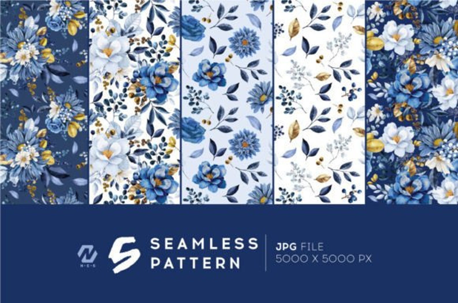 Navy Blue Flower and Gold Watercolor Seamless Pattern Floral - Etsy