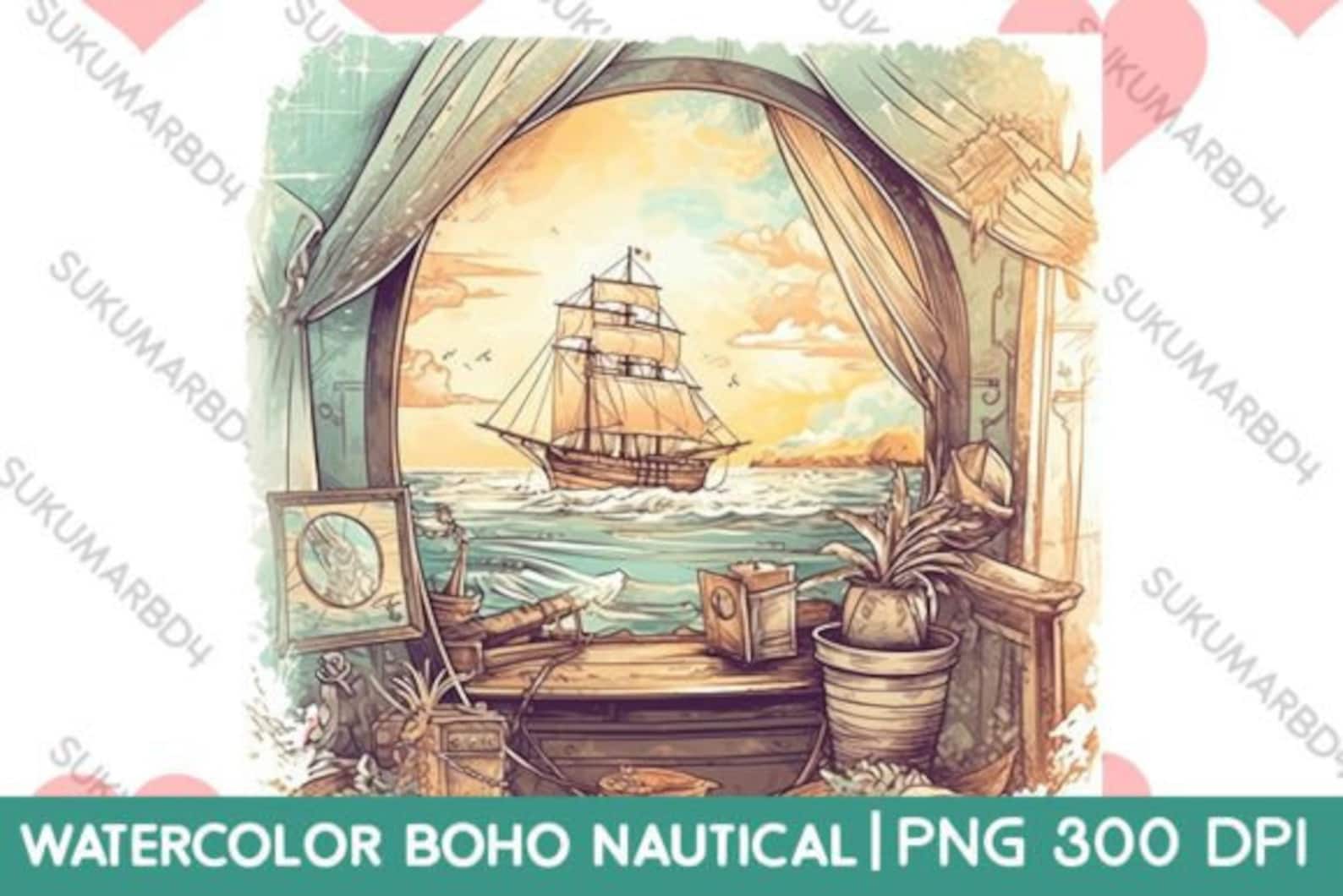 Watercolor Boho Nautical Clipart, Coastal Clip Art, Boho Wedding ...