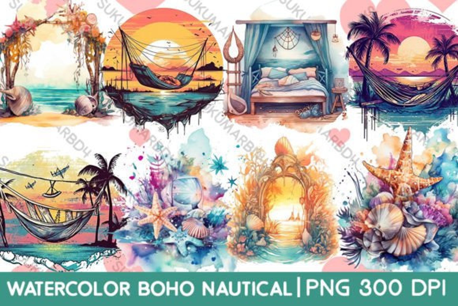 Watercolor Boho Nautical Clipart, Coastal Clip Art, Boho Wedding ...